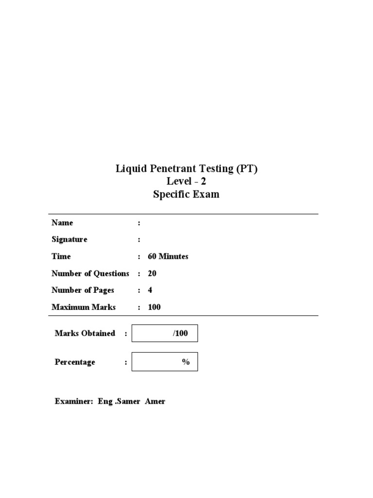 Liquid Penetrant Testing (PT) Level - 2 Specific Exam | PDF | Materials ...