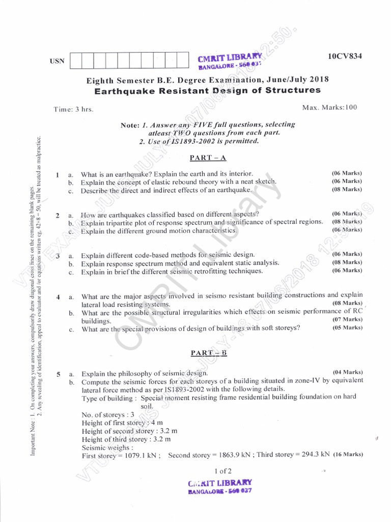 VTU Question Paper of 10CV834 Earthquake Resistant Design of Structures ...