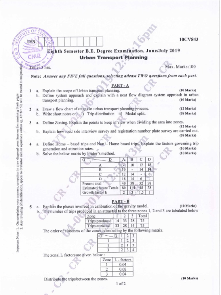 VTU Question Paper of 10CV843 Urban Transport Planning Jun-2019 PDF | PDF