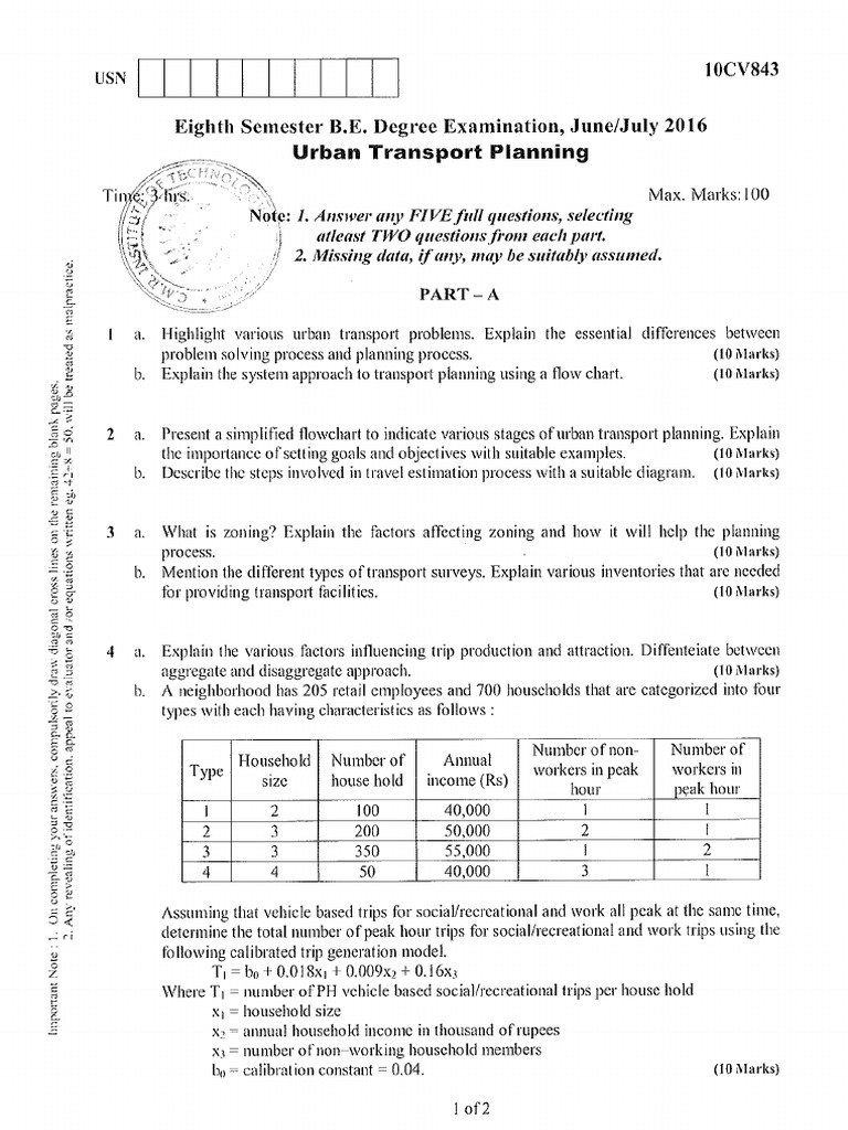 VTU Question Paper of 10CV843 Urban Transport Planning VIII Sem Jun ...