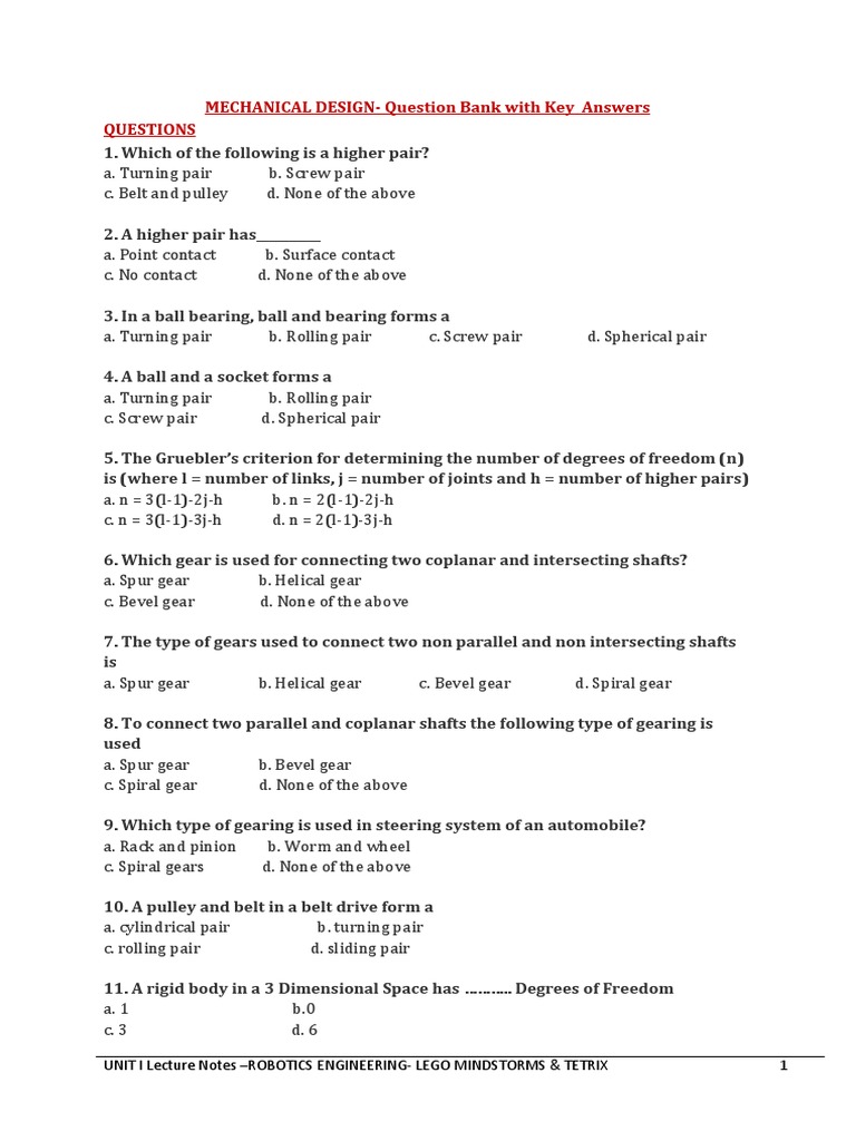 MECHANICAL DESIGN-Question Bank With Key Answers Questions | PDF | Gear ...