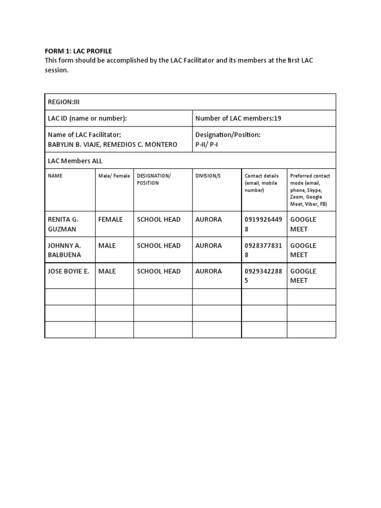 Form 1. LAC Profile | PDF