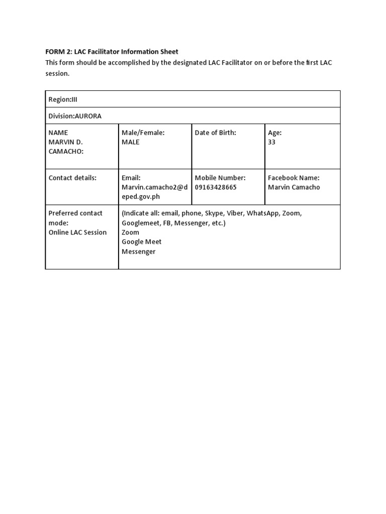 Form 2. LAC Facilitator Information Sheet | PDF