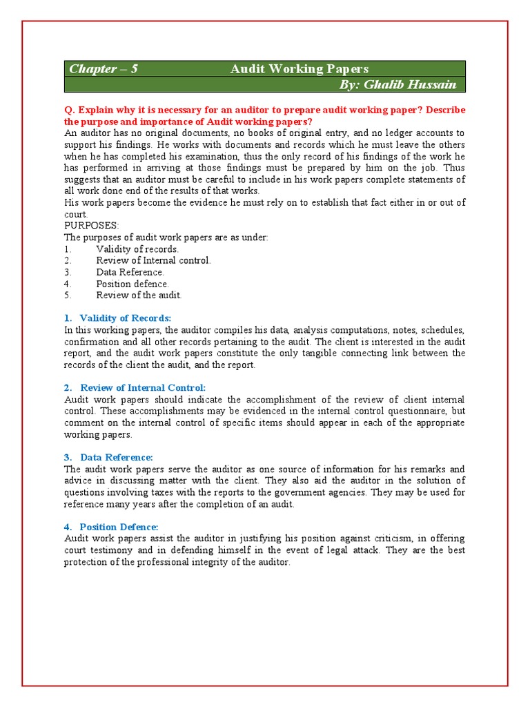 Chapter - 5 Audit Working Papers By: Ghalib Hussain | PDF | Auditor's ...