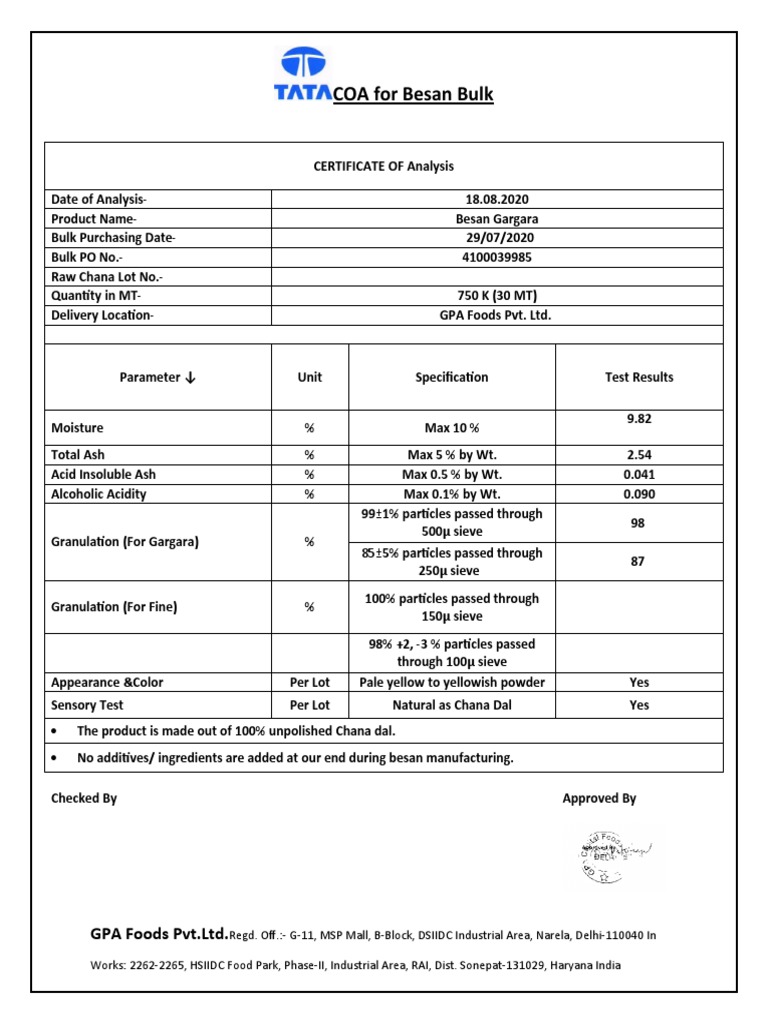 COA Format For Besan | Download Free PDF | Foods | Materials