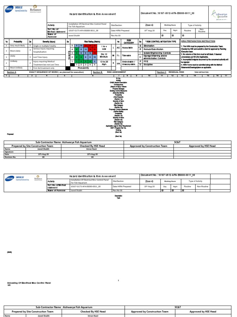 AFA HIRA - Electrical Control Panel | PDF | Risk Assessment | Emergency ...