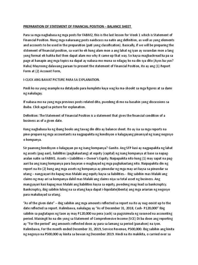 Preparation of Statement of Financial Position - Balance Sheet | PDF