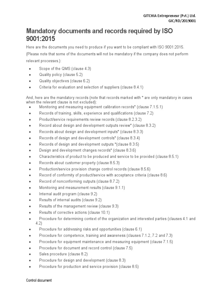 Mandatory Documents and Records Required by ISO 9001:2015: GITCHIA ...