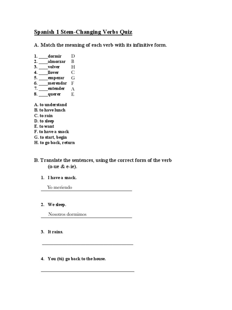Spanish 1 Stem-Changing Verbs Quiz: A. Match The Meaning of Each Verb ...