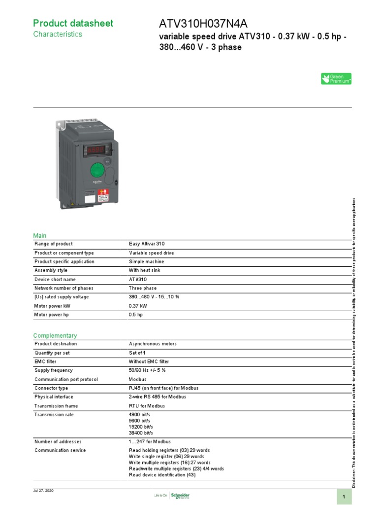 Variable Speed Drive ATV310 0.37 kW Product Datasheet | PDF | Electric ...