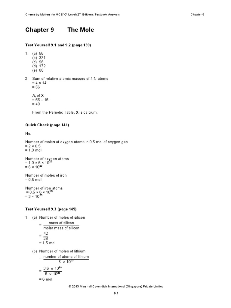 The Mole: Test Yourself 9.1 and 9.2 (Page 139) | PDF | Mole (Unit ...