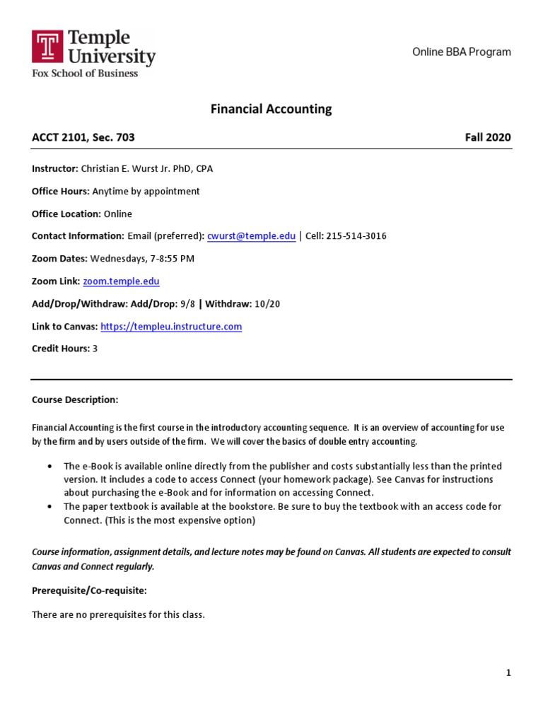 ACCT 2101 Fall 2020 Syllabus Final | PDF | Financial Statement ...