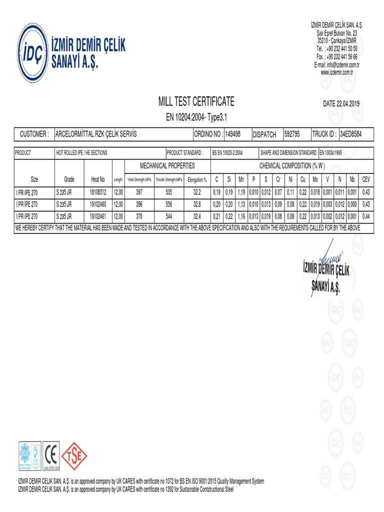 Mechanical and Chemical Test Results for Three IPE 270 Hot Rolled Steel ...