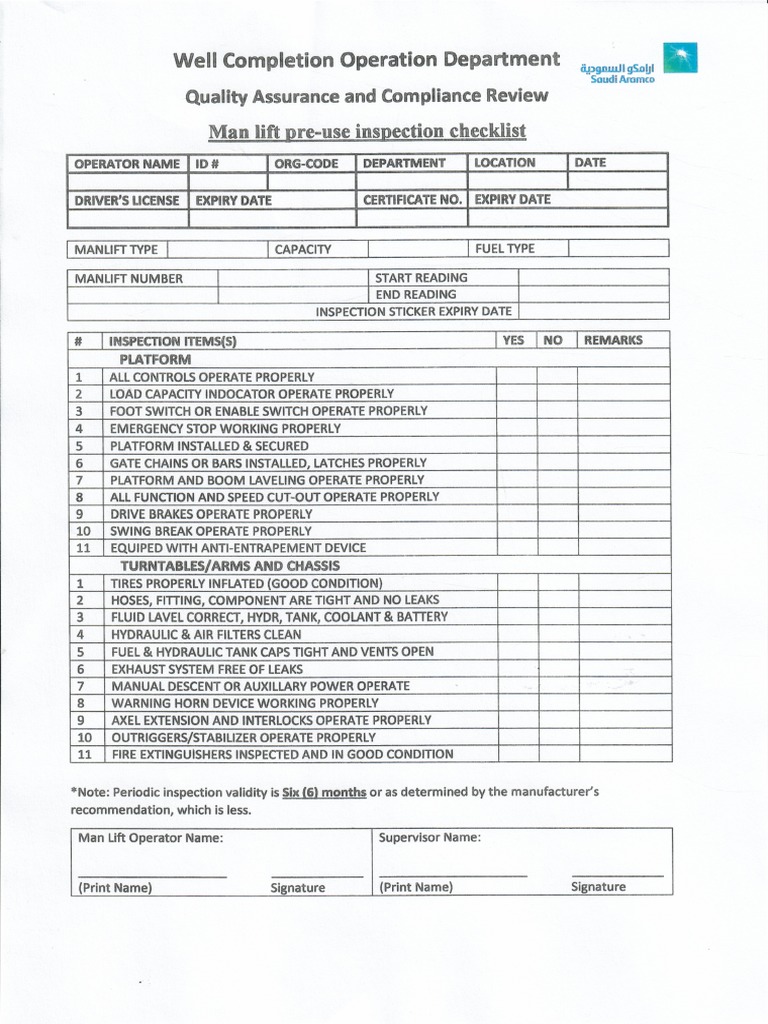 007 Manlift Pre-Use Checklist PDF | PDF