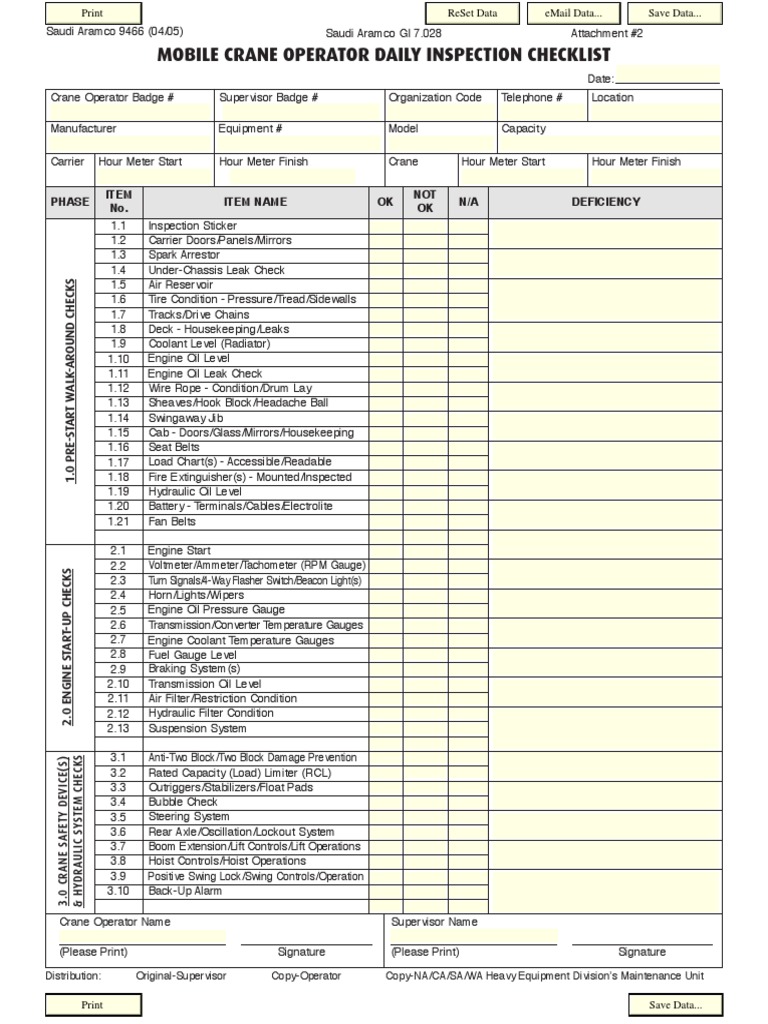 Aramco Mobile Crane Daily Inspection Checklist | PDF | Crane (Machine ...