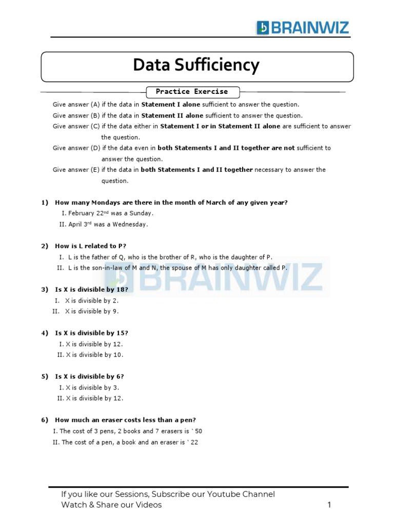Data Sufficiency: Practice Exercise | PDF | Business