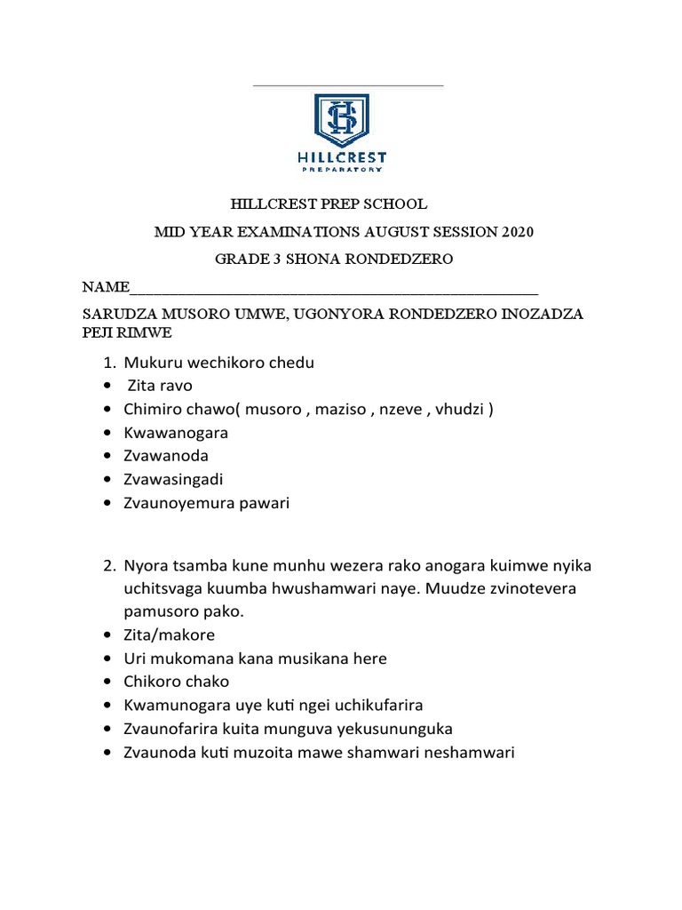 Grade 3 Shona Rondedzero Exam 2020 | PDF