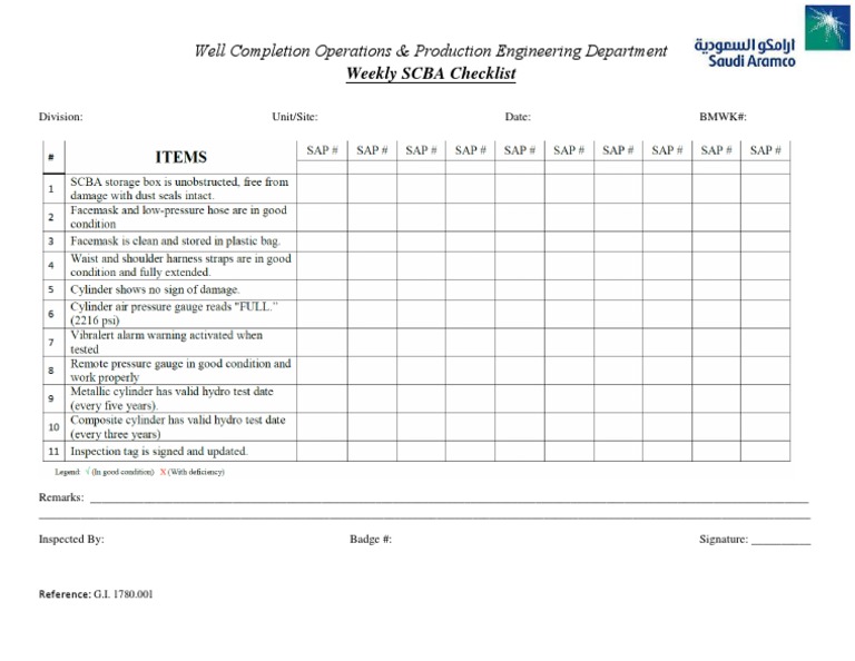 Weekly SCBA Inspection Checklist | PDF