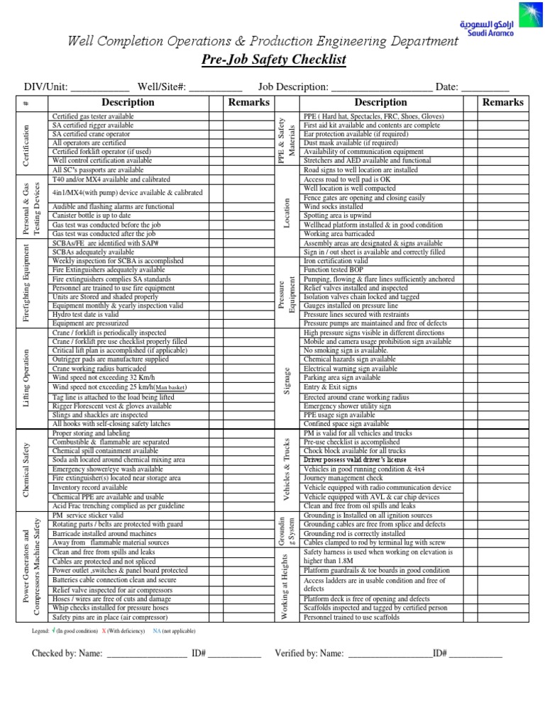 010 Pre-Job Safety Checklist (Rivision 2) - UPDATED | PDF | Vehicles ...