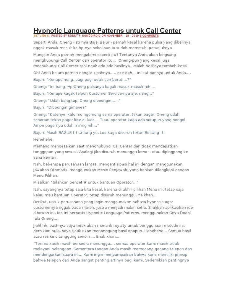Hypnotic Language Patterns Untuk Call Center | PDF