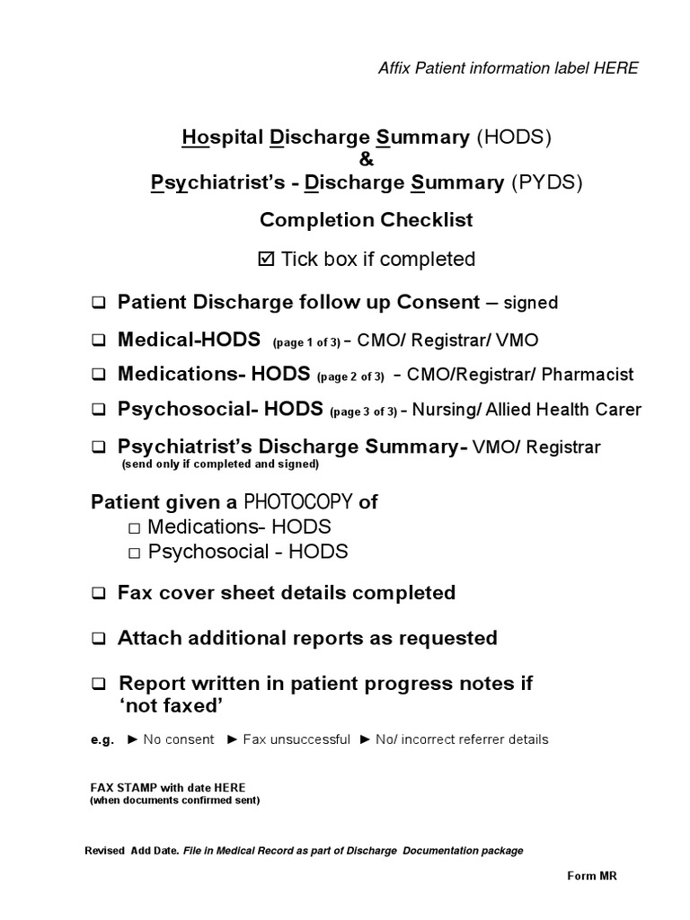 Hospital Discharge Summary Checklist | PDF | Medical Record | Pharmacy