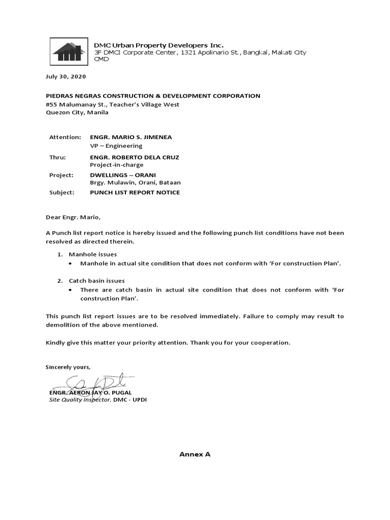Punch List Report for Orani Project | PDF