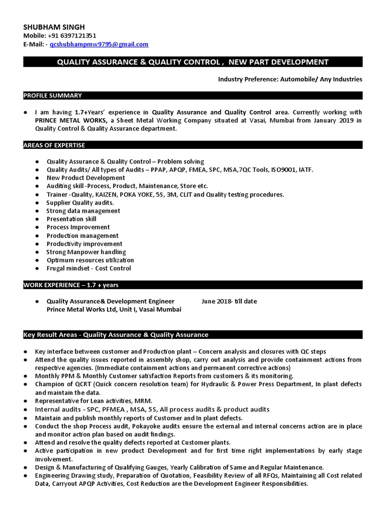 Quality Assurance & Quality Control, New Part Development: Shubham ...