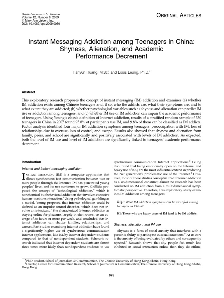 Instant Messaging Addiction among Teenagers in China: Shyness ...