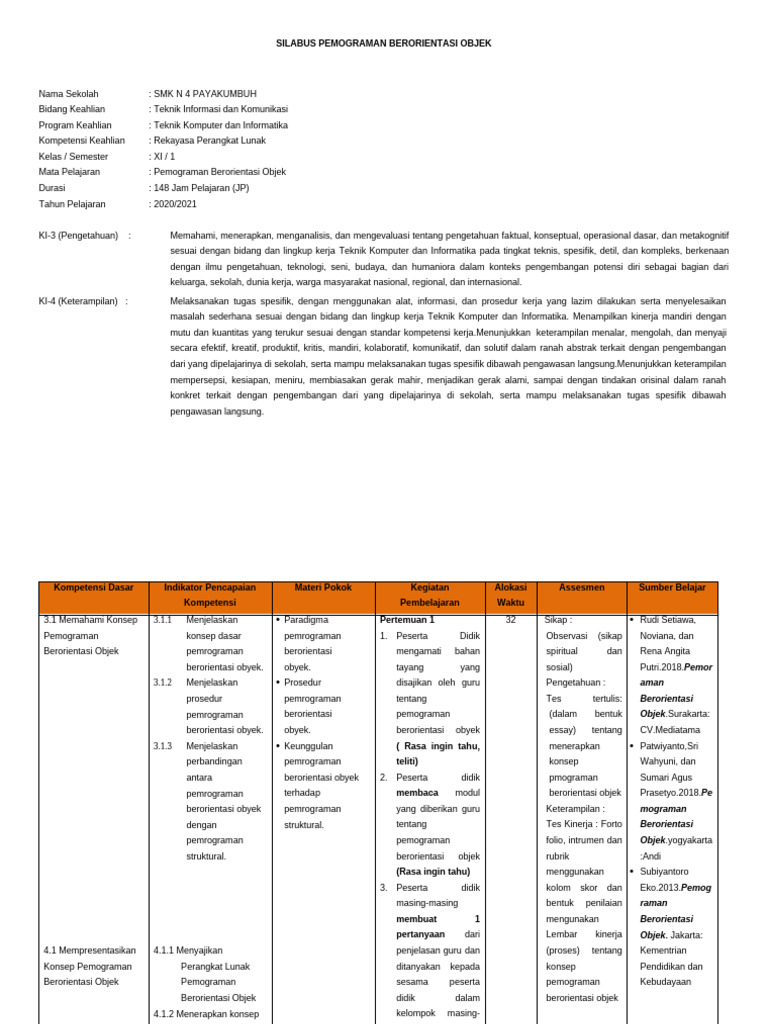 Silabus Ganjil Pemrograman Berorientasi Objek XI | PDF