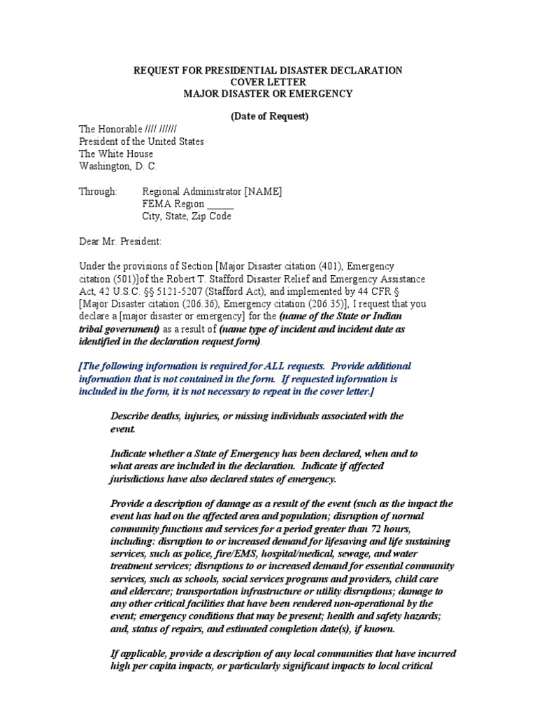 (Date of Request) : Request For Presidential Disaster Declaration Cover ...