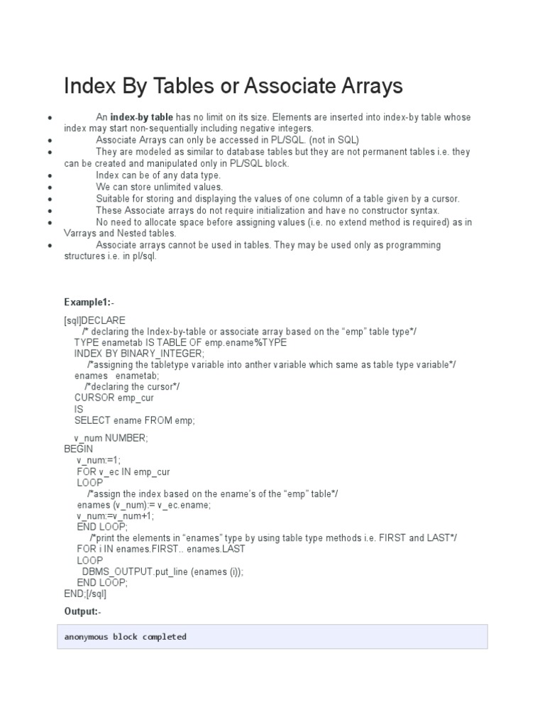5 Index by Table or Associative Arrays | PDF | Pl/Sql | Array Data ...
