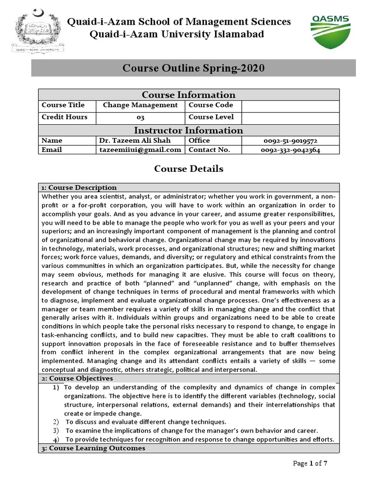 Updated Course Outline of Change Management | PDF | Turnitin | Change ...