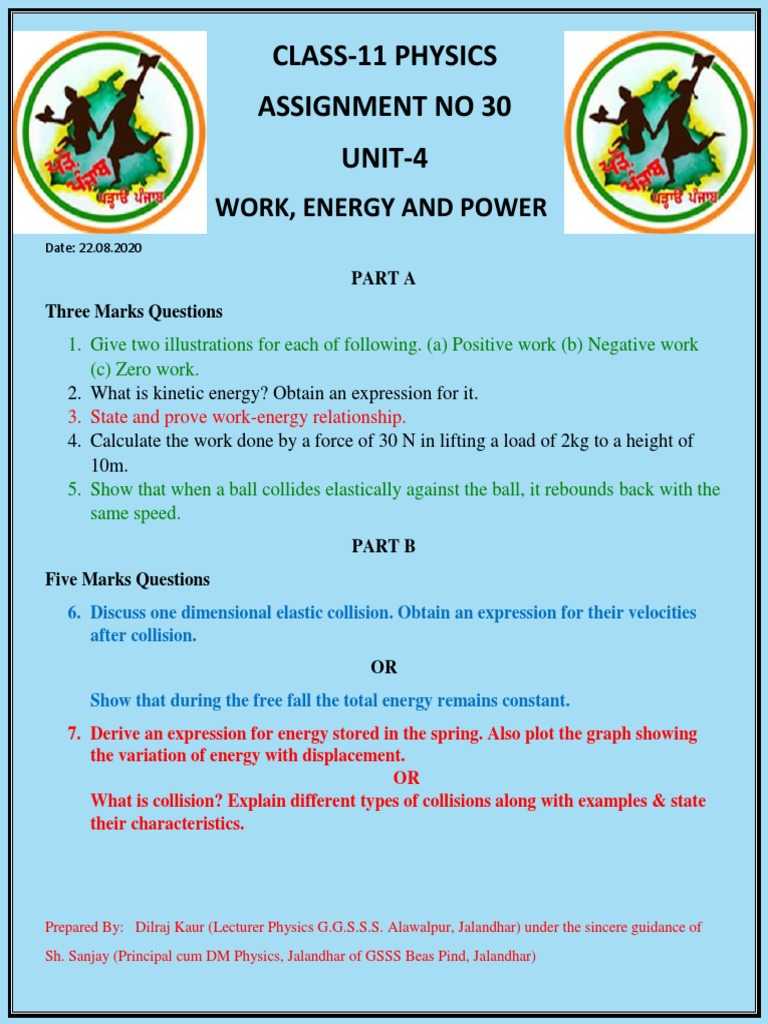 Class-11 Physics Assignment No 30 UNIT-4: Work, Energy and Power | Download Free PDF | Collision ...