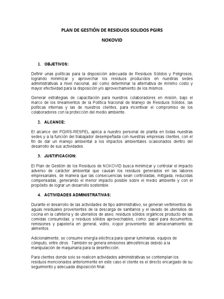 Plan de Gestión de Residuos Solidos Pgirs | PDF | Residuos | Gestión de residuos