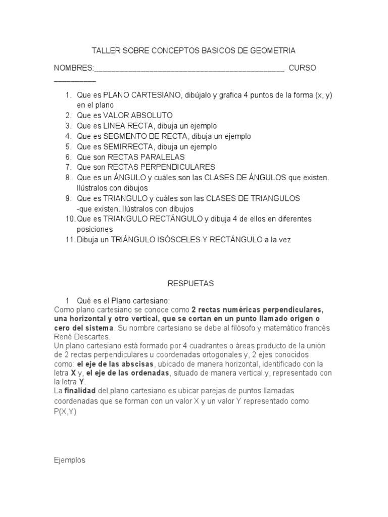 Taller Sobre Conceptos Basicos de Geometria | PDF | Ángulo | Triángulo