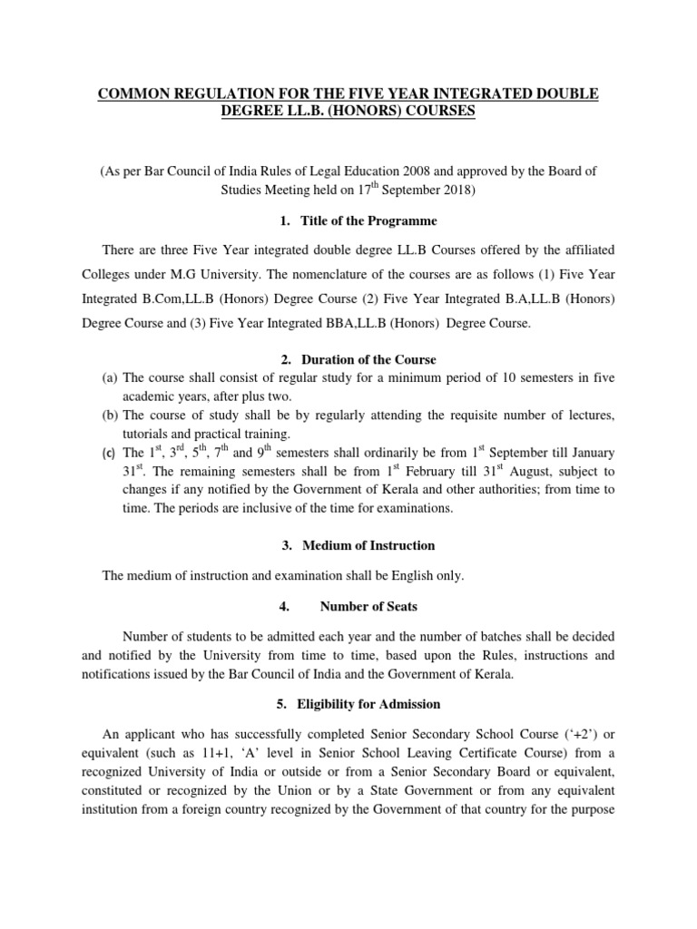 Common Regulation For The Five Year Integrated Double Degree Ll.B ...