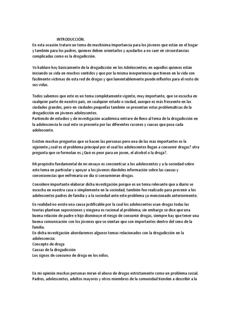 INTRODUCCIÓN Drogas | Descargar gratis PDF | La dependencia de sustancias | Adolescencia