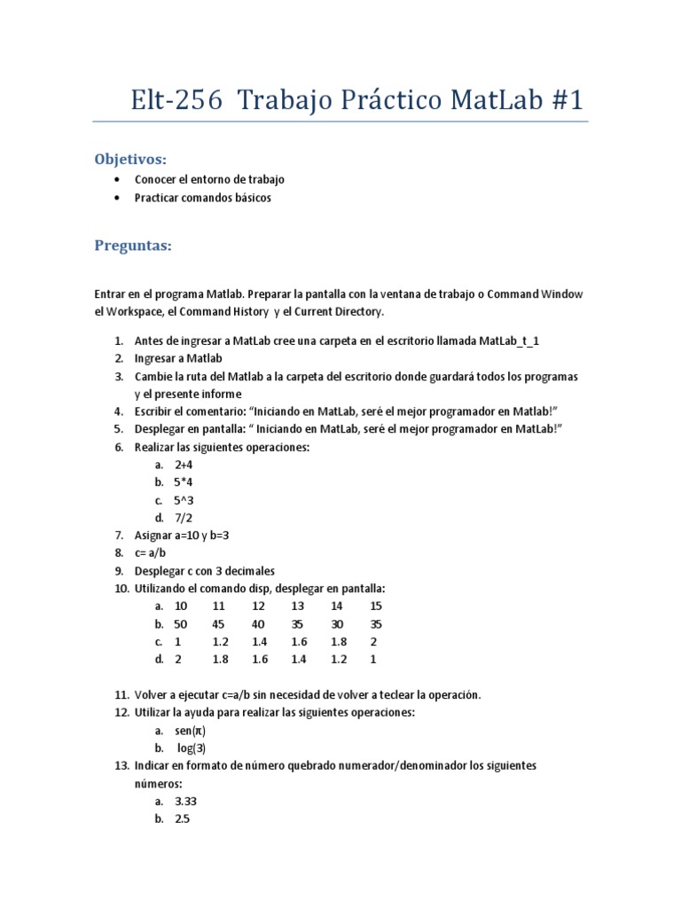 MatLab TP1: Comandos básicos, operaciones, tablas de verdad, matrices | PDF