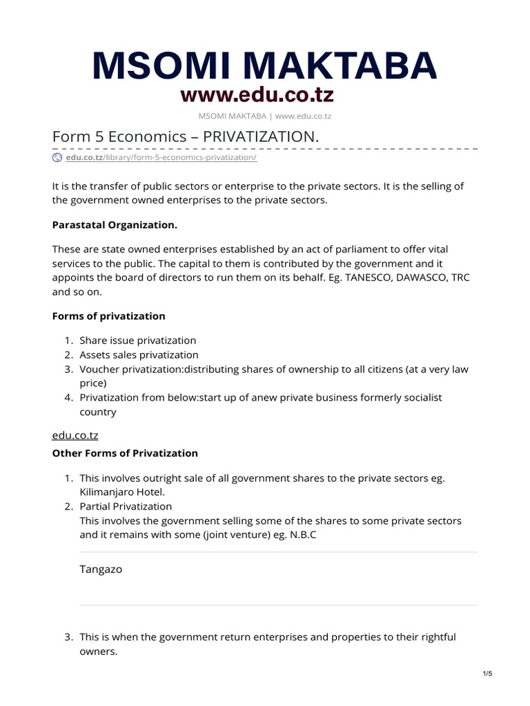 Edu - Co.tz-Form 5 Economics PRIVATIZATION PDF | PDF | Privatization ...