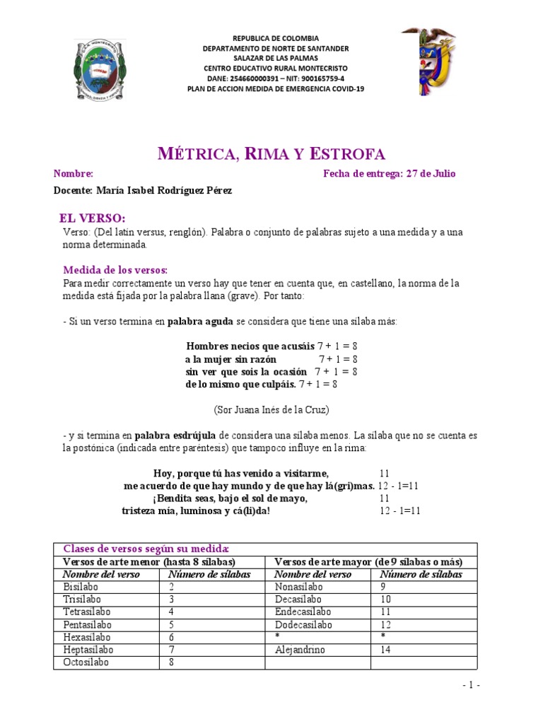 Ritmo y Rima Grado 8 Guia 2 | PDF | Metro (poesía) | Poética