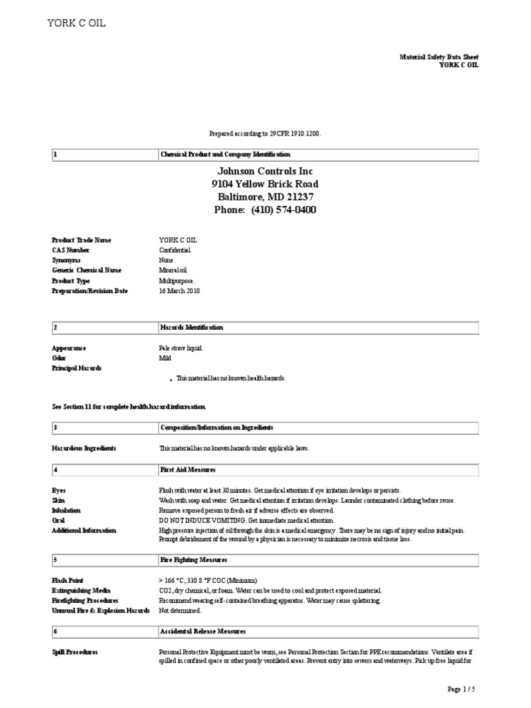 York Type C Oil (18.9L) MSDS | PDF | Toxicity | Personal Protective ...