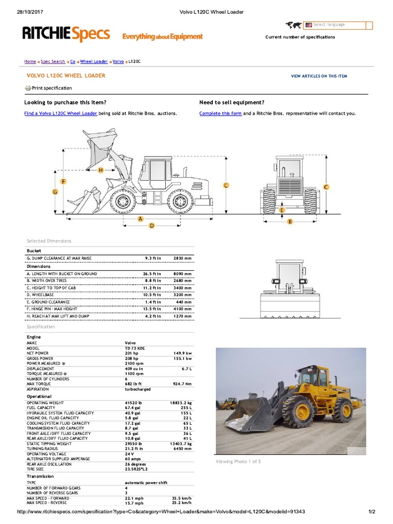 Volvo L120C Wheel Loader SPECS | PDF