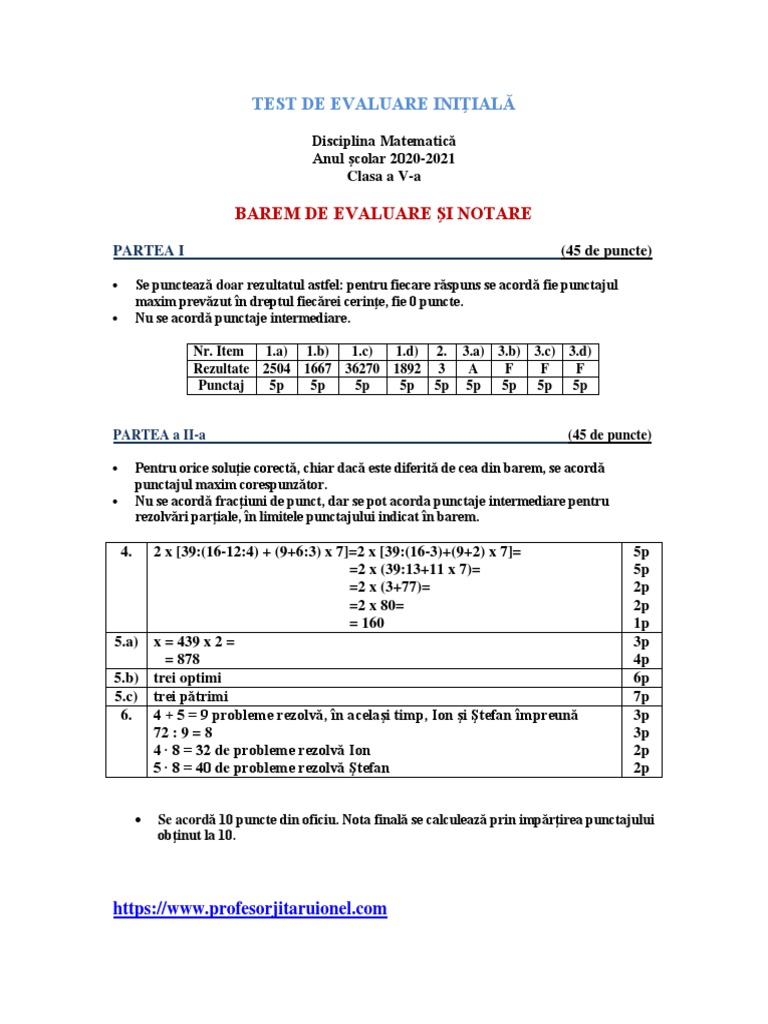 Rezolvare Barem de Corectare Test Initial Matematica Clasa A 5 A 2020 ...