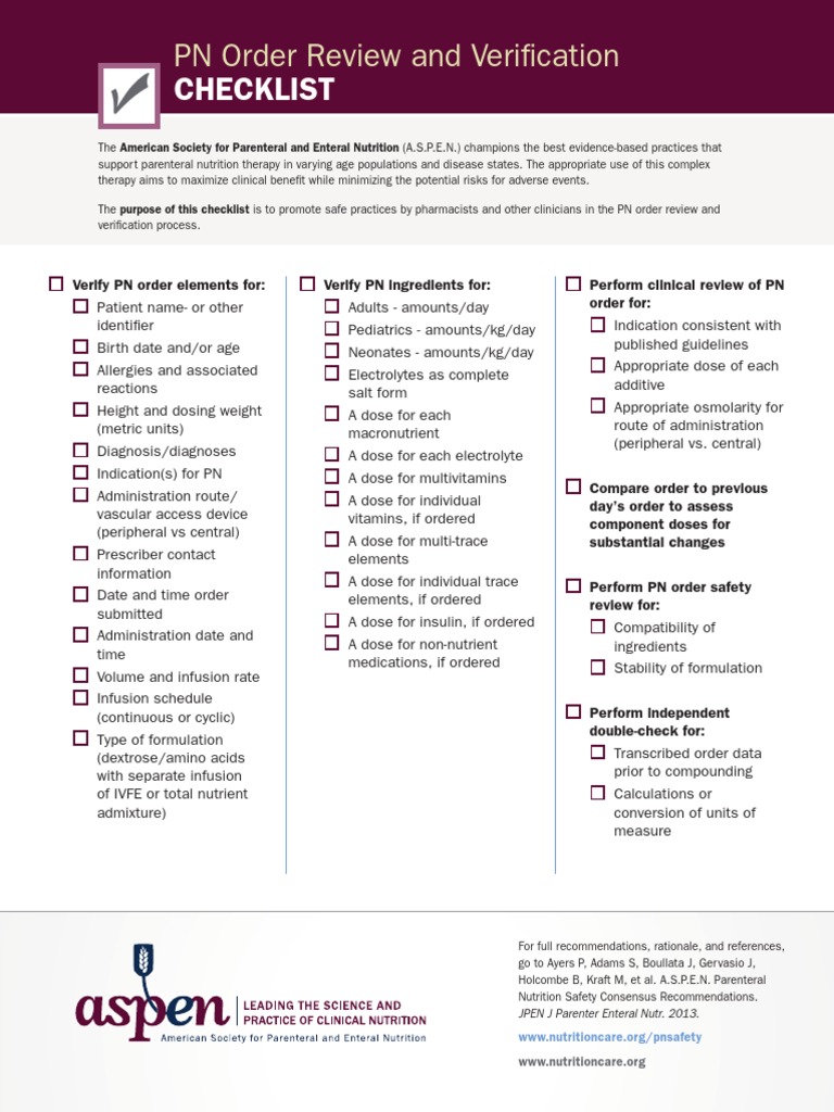 Checklist: PN Order Review and Verification | PDF | Dose (Biochemistry ...