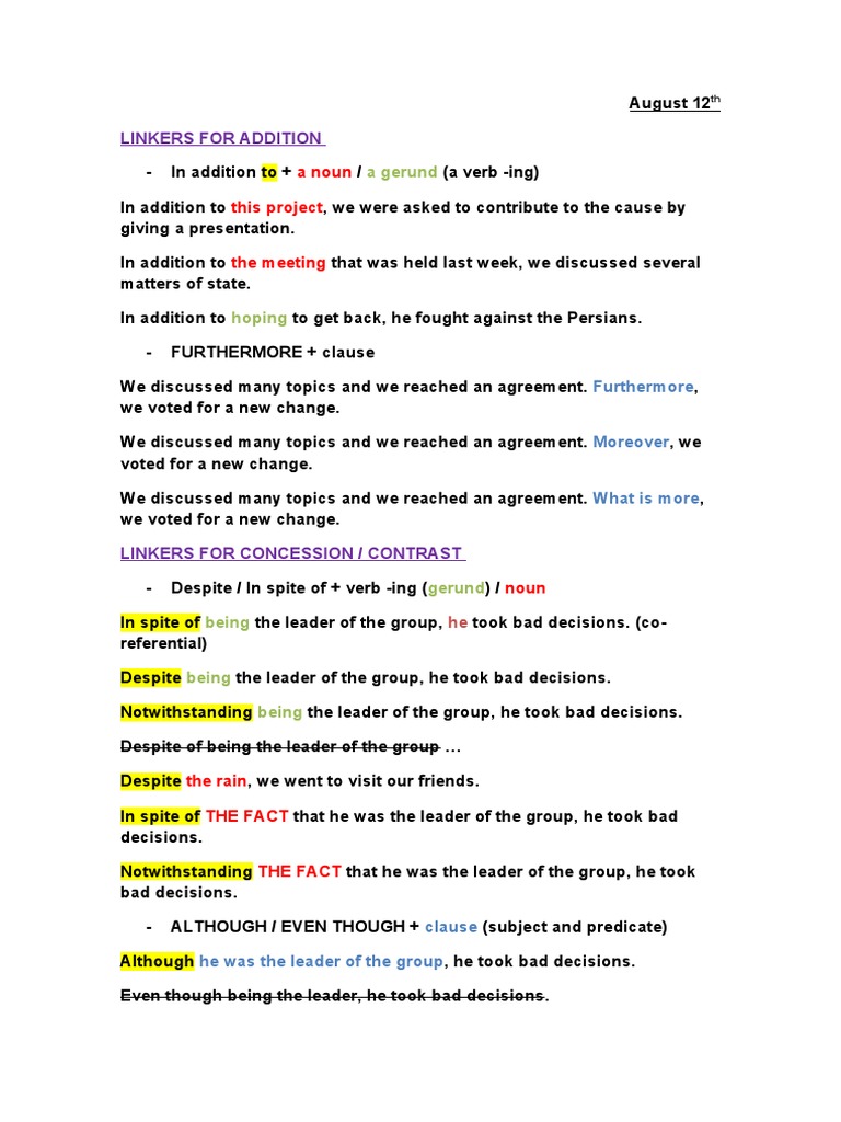 Linkers for Addition and Contrast | PDF | Clause | Verb