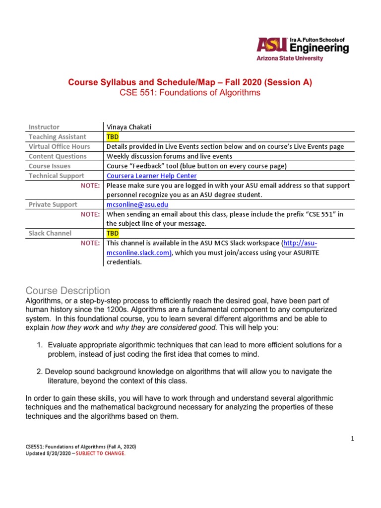Course Syllabus and Schedule/Map - Fall 2020 (Session A) : CSE 551 ... Course Syllabus and Schedule/Map - Fall 2020 (Session A) : CSE 551 ...