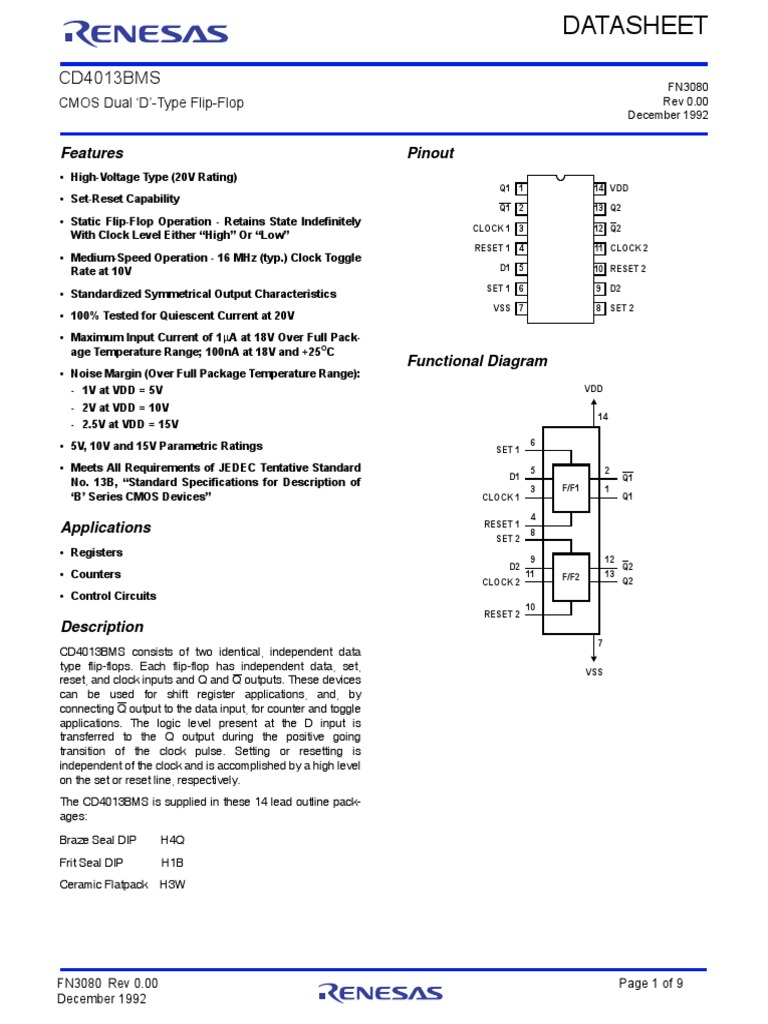 CD4013BMS: Features Pinout | PDF | Electrical Components | Computer ...