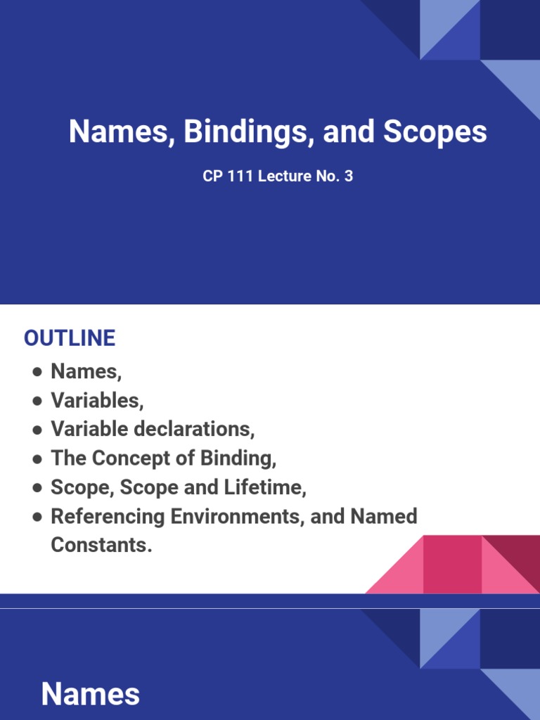 Names, Bindings, and Scopes: CP 111 Lecture No. 3 | PDF | Variable (Computer Science) | Data Type
