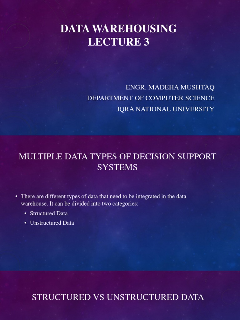 Data Warehousing: Engr. Madeha Mushtaq Department of Computer Science Iqra National University ...