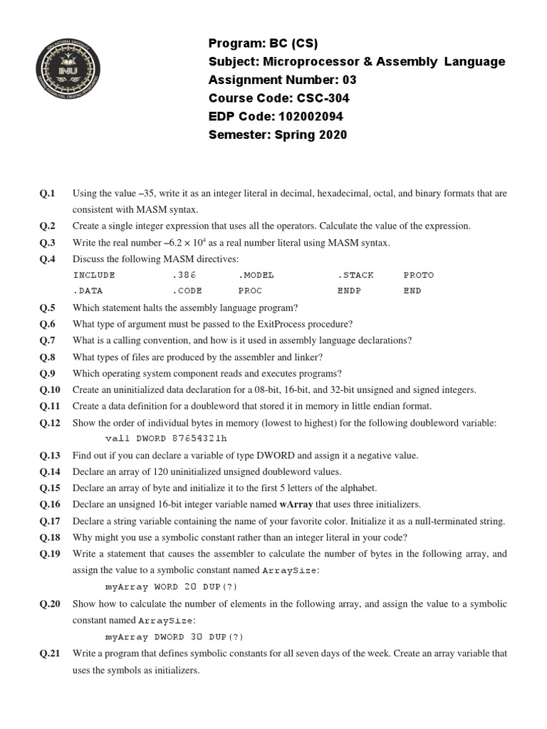 Program: BC (CS) Subject: Microprocessor & Assembly Language Assignment ...